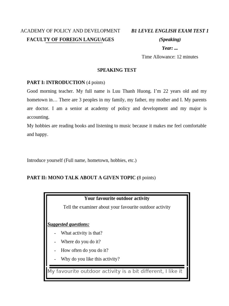 Speaking Tests - B1 | PDF