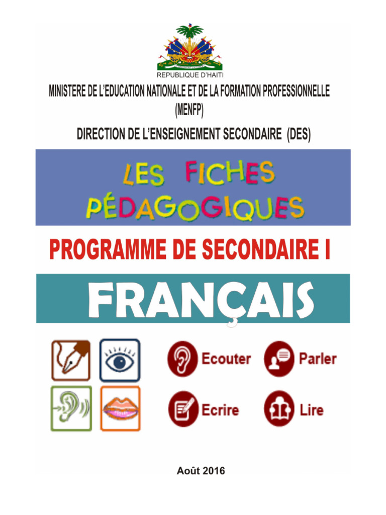 Fiches Pédagogiques Français Secondaire I - Août 2016 | PDF