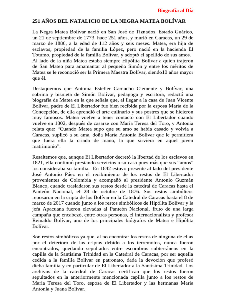 Biografia Al Dia 251 Años Del Natalicio de La Negra Matea Bolívar | PDF