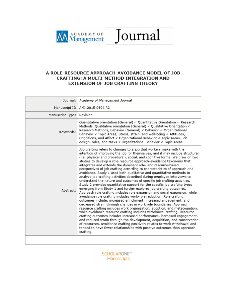 A ROLE-RESOURCE APPROACH-AVOIDANCE MODEL OF JOB CRAFTING: A MULTI ...