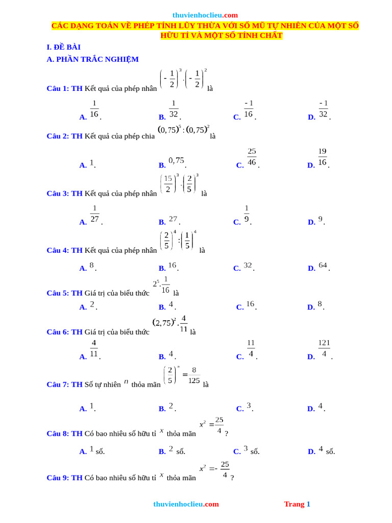 6 Phep Tinh Luy Thua Voi So Mu Tu Nhien Cua Mot So Huu Ti | PDF