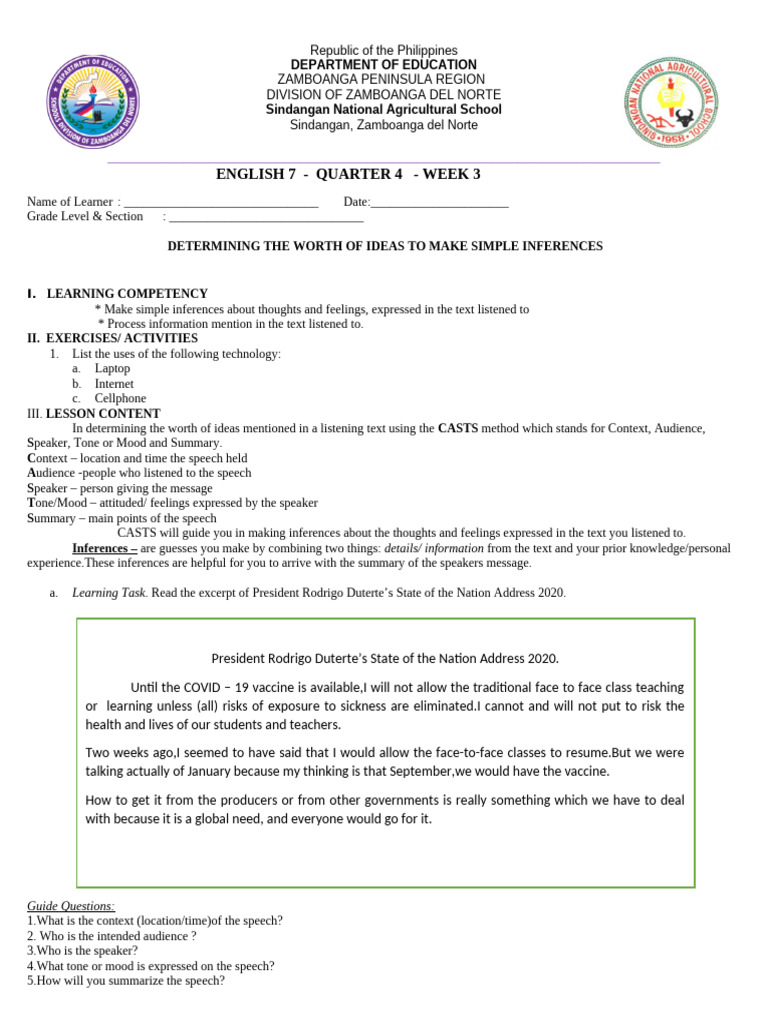LAS New Template - ENG - 7 - Q4-W3 | PDF