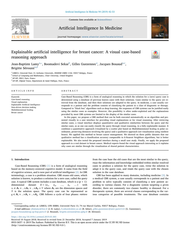 Explainable Artificial Intelligence For Breast Cancer: A Visual Case-Based Reasoning Approach | PDF