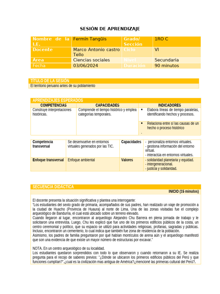 SESIÓN - DE - APRENDIZAJE - Doc - Luis - Ramos - CC - SS (1) Final | PDF