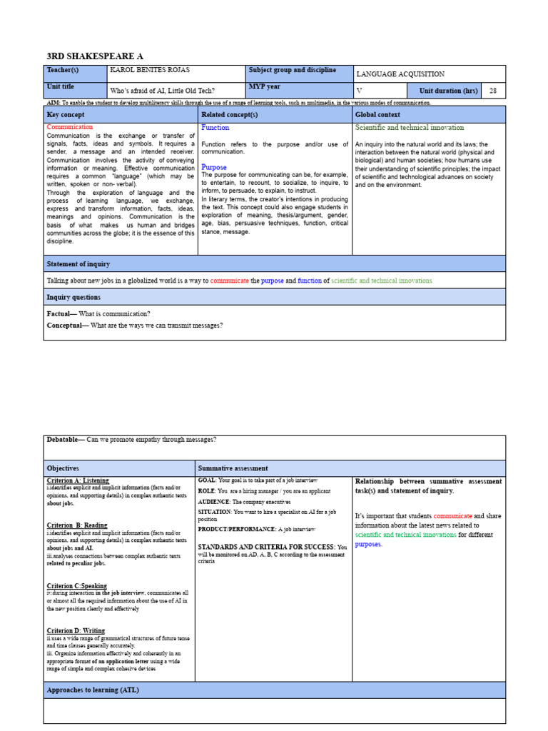 Unit planner-MYP 5 - Who's Afraid of AI, Little Old Tech? | PDF
