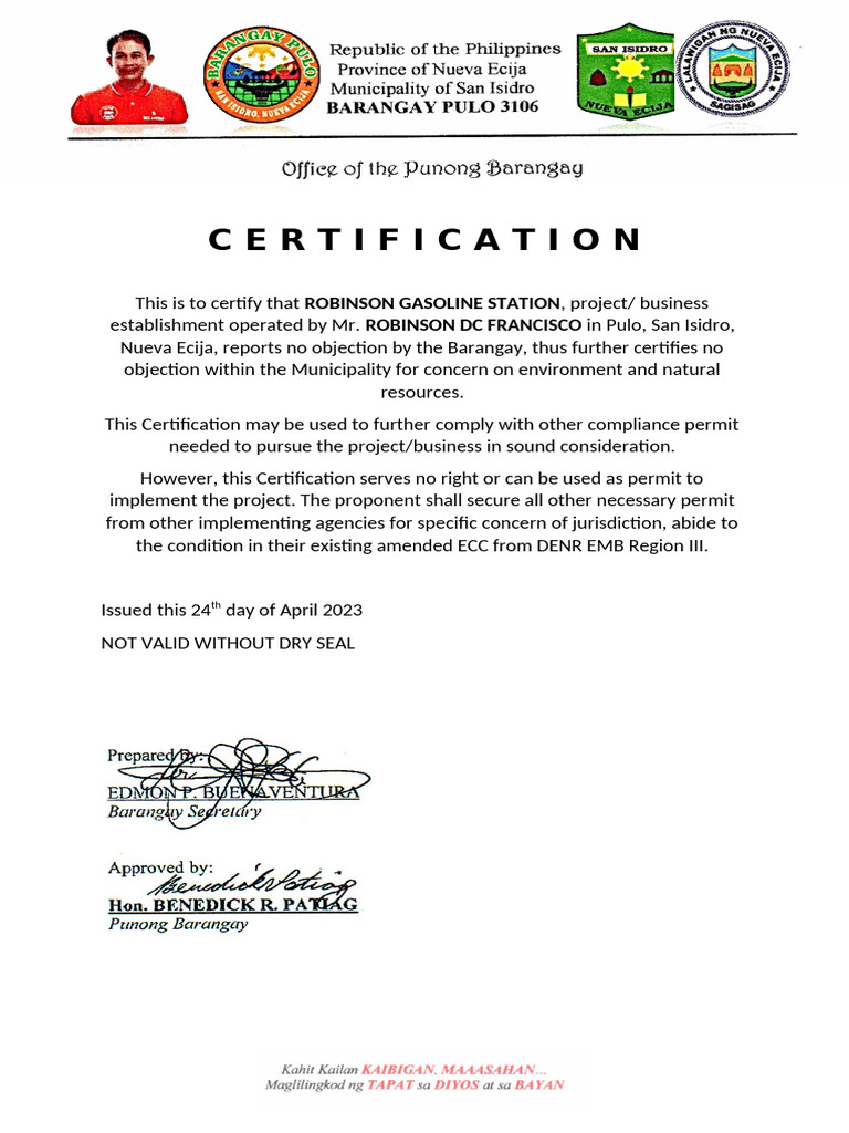 certification DENR brgy pulo | PDF