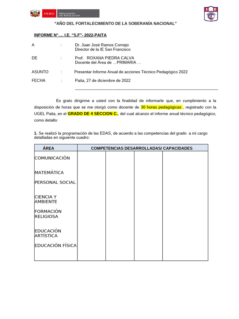 Informe de Fin de Año Primaria | PDF