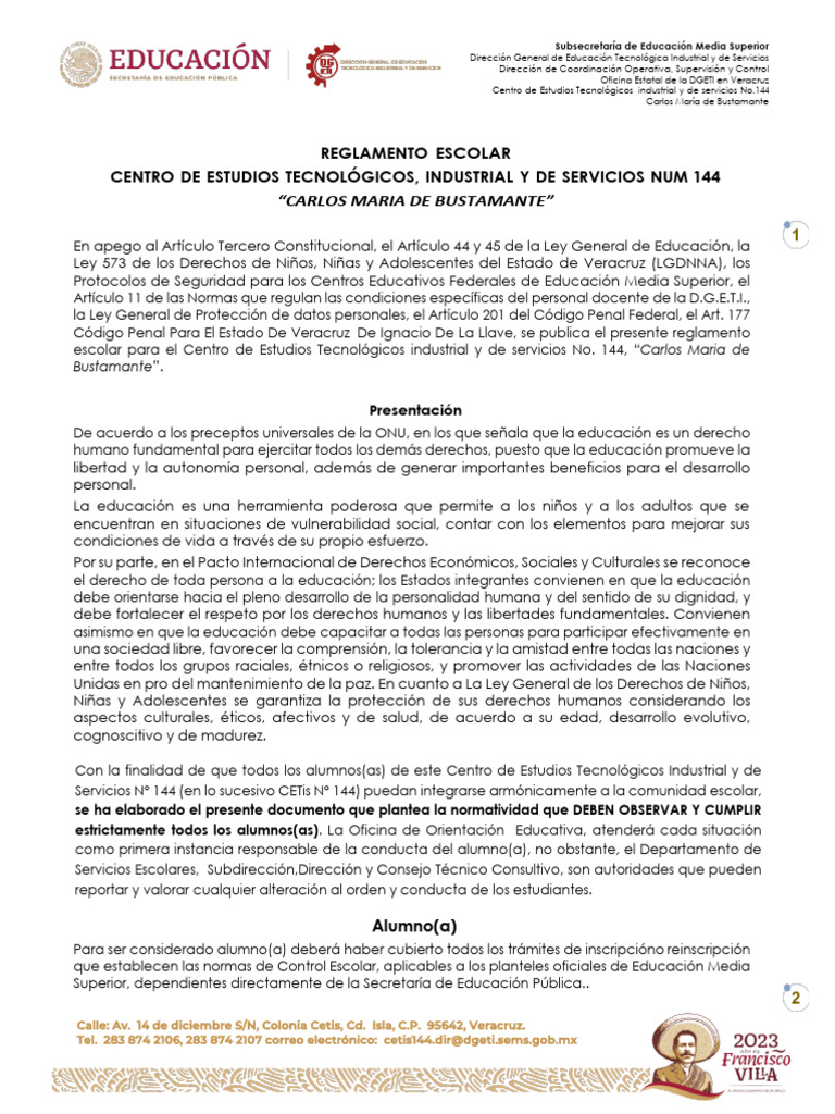 Reglamento Escolar Cetis 144 (1) - 1 | PDF