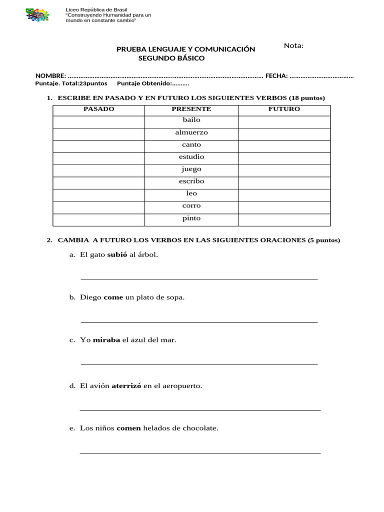 PRUEBA DE LENGUAJE VERBOS 2°BASICO | PDF