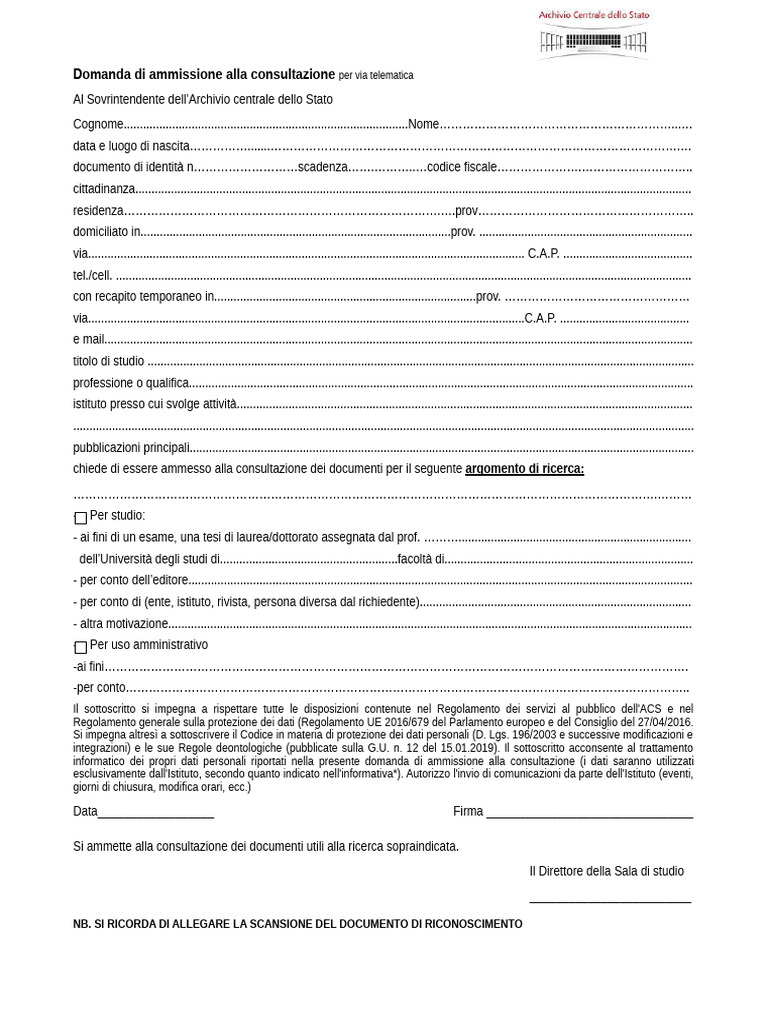 Modulo Per La Domanda Di Ammissione Telematica 2022 07 | PDF