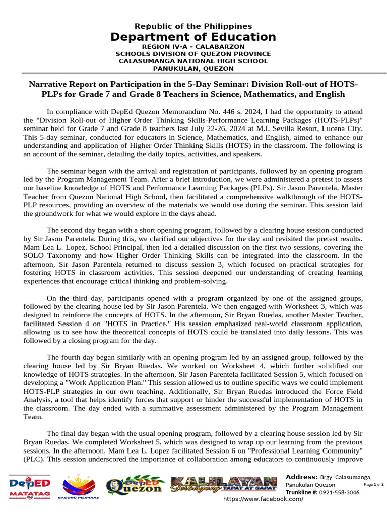 HOTS-PLP Narrative Report JVV | PDF | Teachers | Cognition