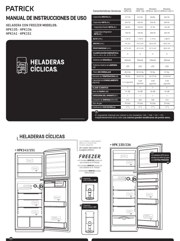 Manual de Uso Heladera Patrick HPK136 | PDF | Refrigerador | Alimentos