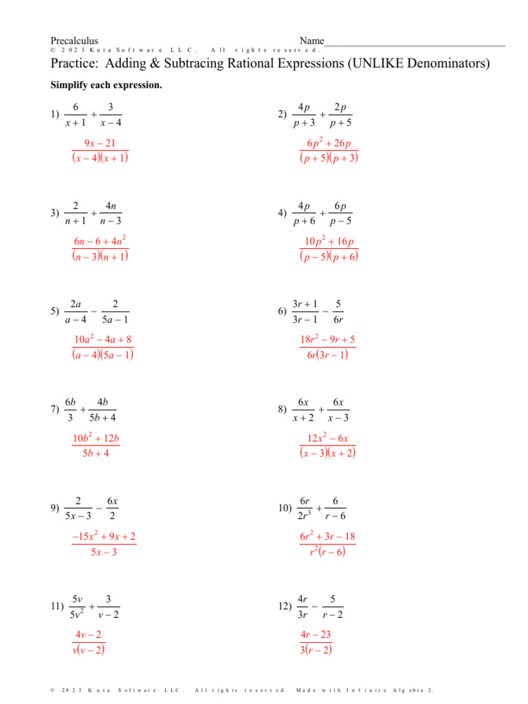 Practice Adding & Subtracing Rational Expressions (UNLIKE Denominators ...