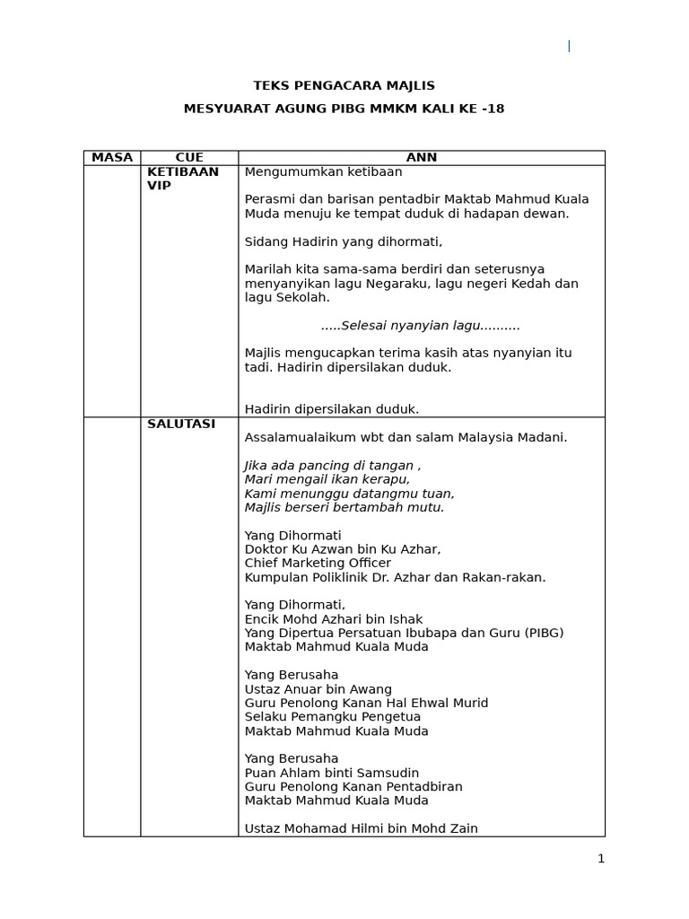 Teks Pengacara Majlis Mesyuarat Pibg 2024 | PDF