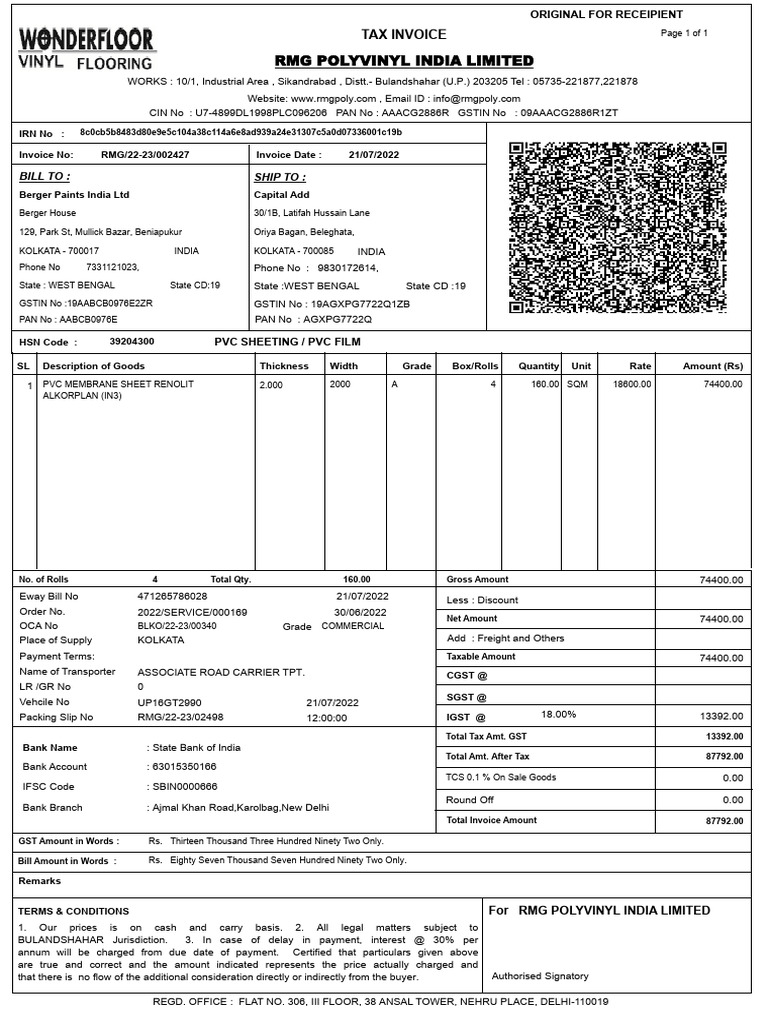 RMG Polyvinyl India Limited: Tax Invoice | PDF
