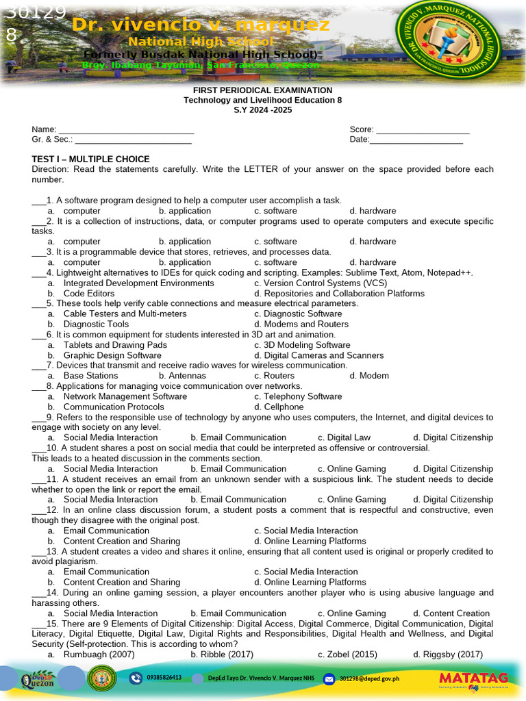 Tle 8 Q1 - Exam | PDF