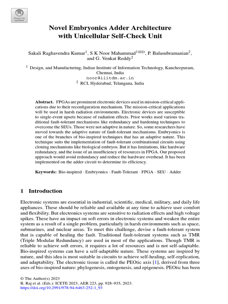 Novel Embryonics Adder Architecture With Unicellular Self-Check Unit | PDF
