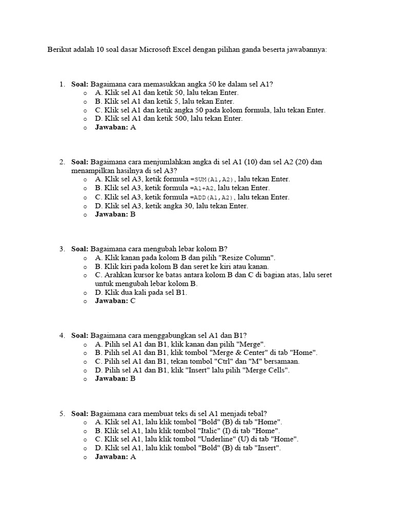 Berikut Adalah 10 Soal Dasar Microsoft Excel Dengan Pilihan Ganda Beserta Jawabannya | PDF