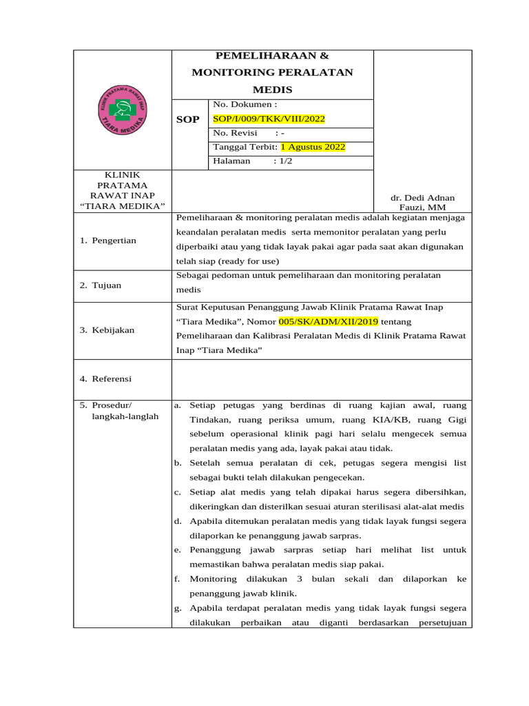1.3.9.1B. SOP PEM. & MONIT - PERALATAN MEDIS (TLK) | PDF