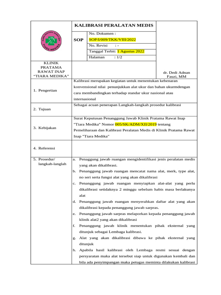 1.3.9.1C. SOP KALIBRASI PERALATAN MEDIS (TLK) | PDF