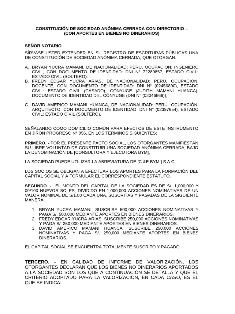 Constitución de Una Sociedad Anónima Cerrada | PDF