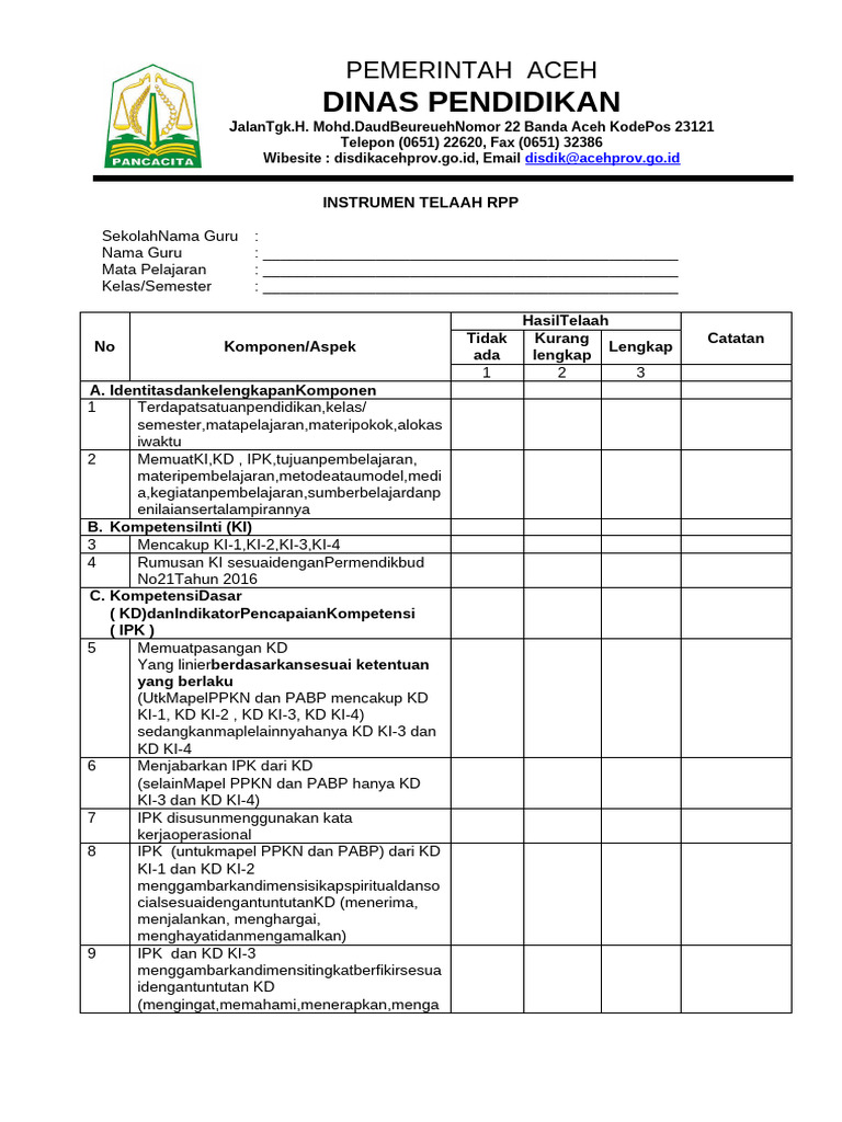 Instrumen Telaah RPP | PDF