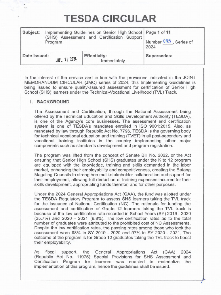 TESDA Circular No. 045-2024 | PDF