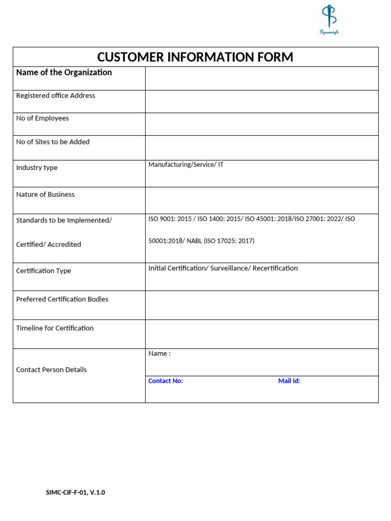 Customer Information Form | PDF