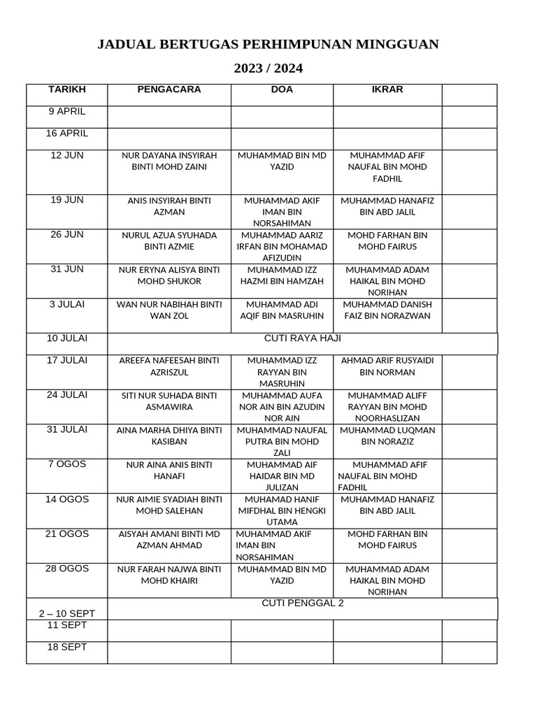 Jadual Bertugas Perhimpunan Mingguan | PDF