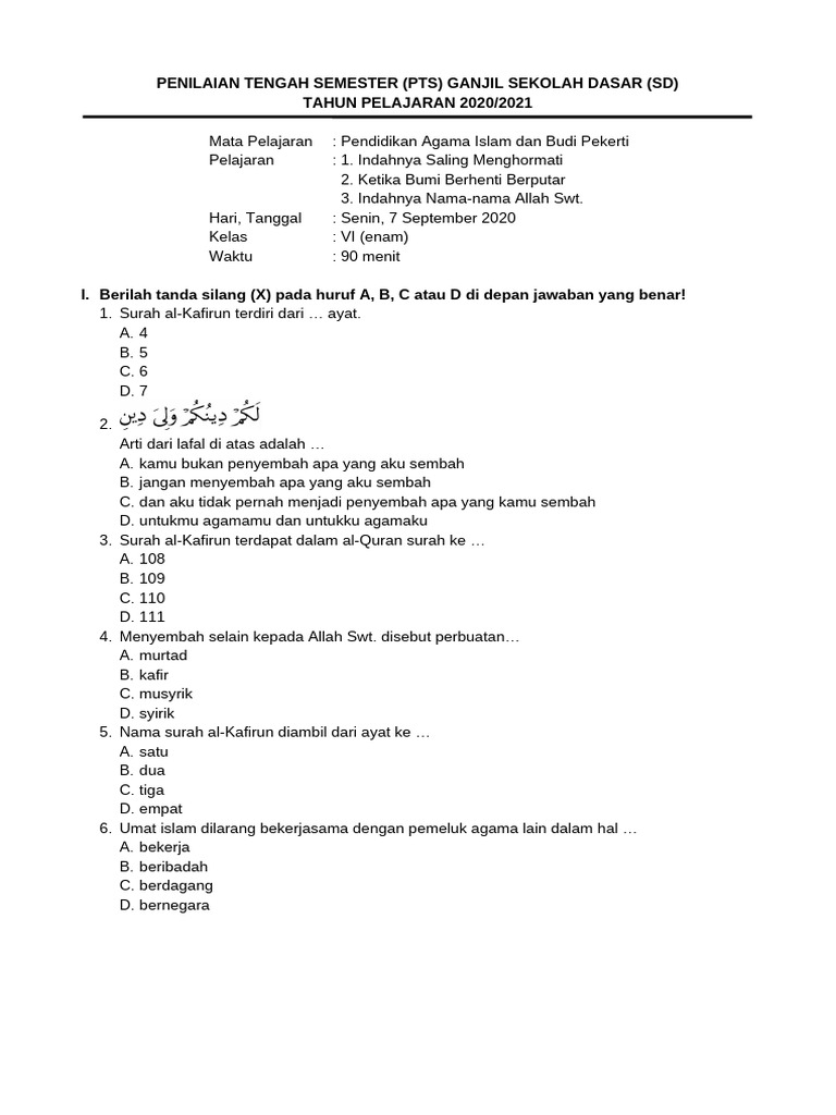 Soal KLS 6 PTS Ganjil Paibp | PDF