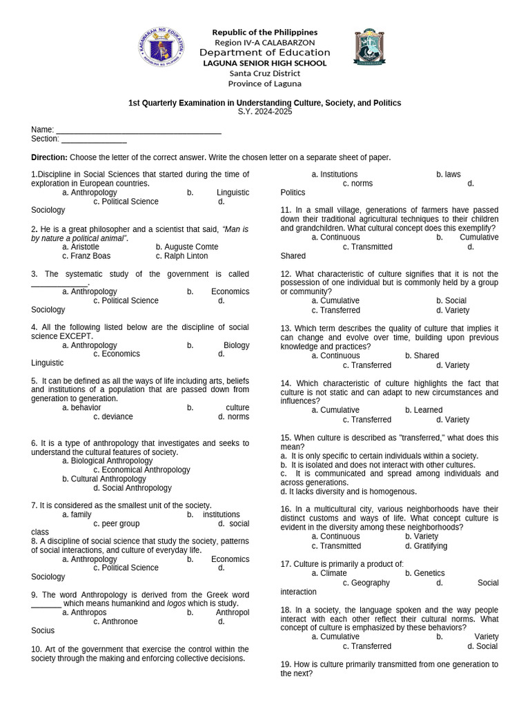 Ucsp-1st Quarterly Exam-Final | PDF