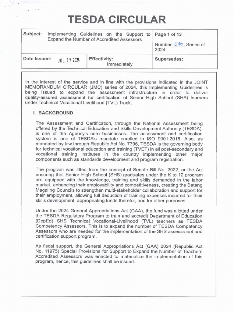 TESDA Circular No. 046-2024 | PDF