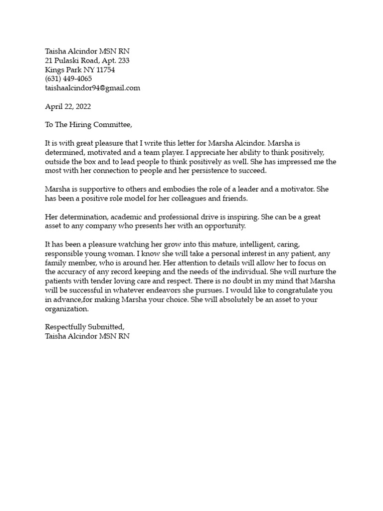 Reference Letter For Marsha Alcindor | PDF