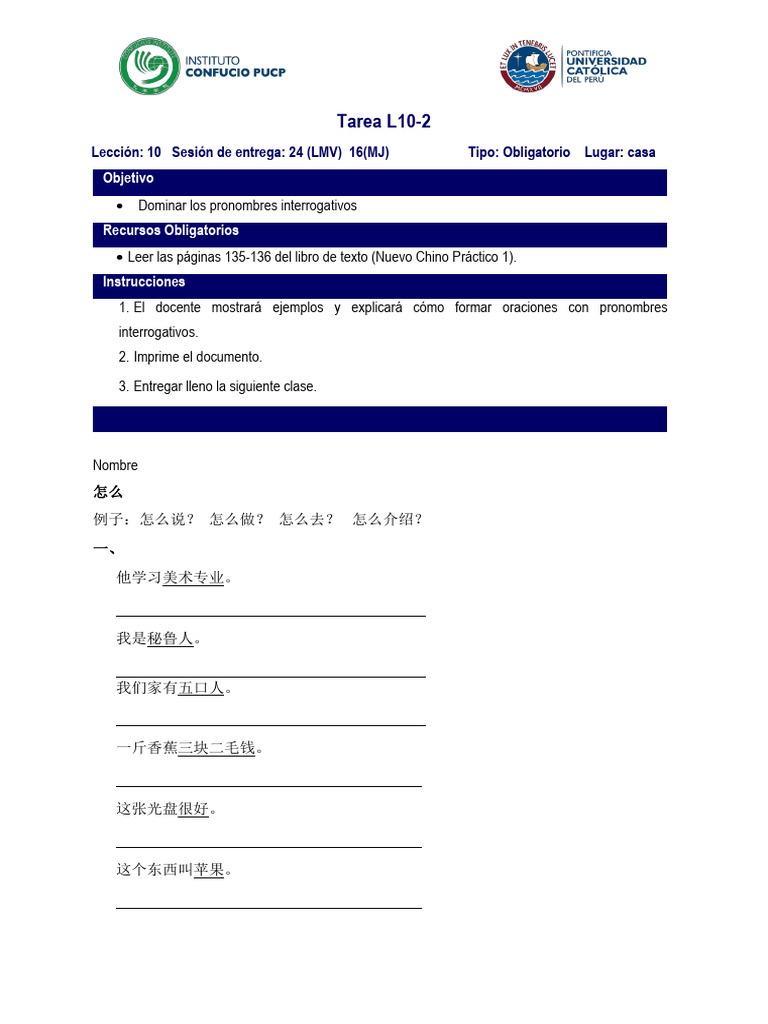 Tarea L10-2 ejercicio de Pronombres interrogativos | PDF