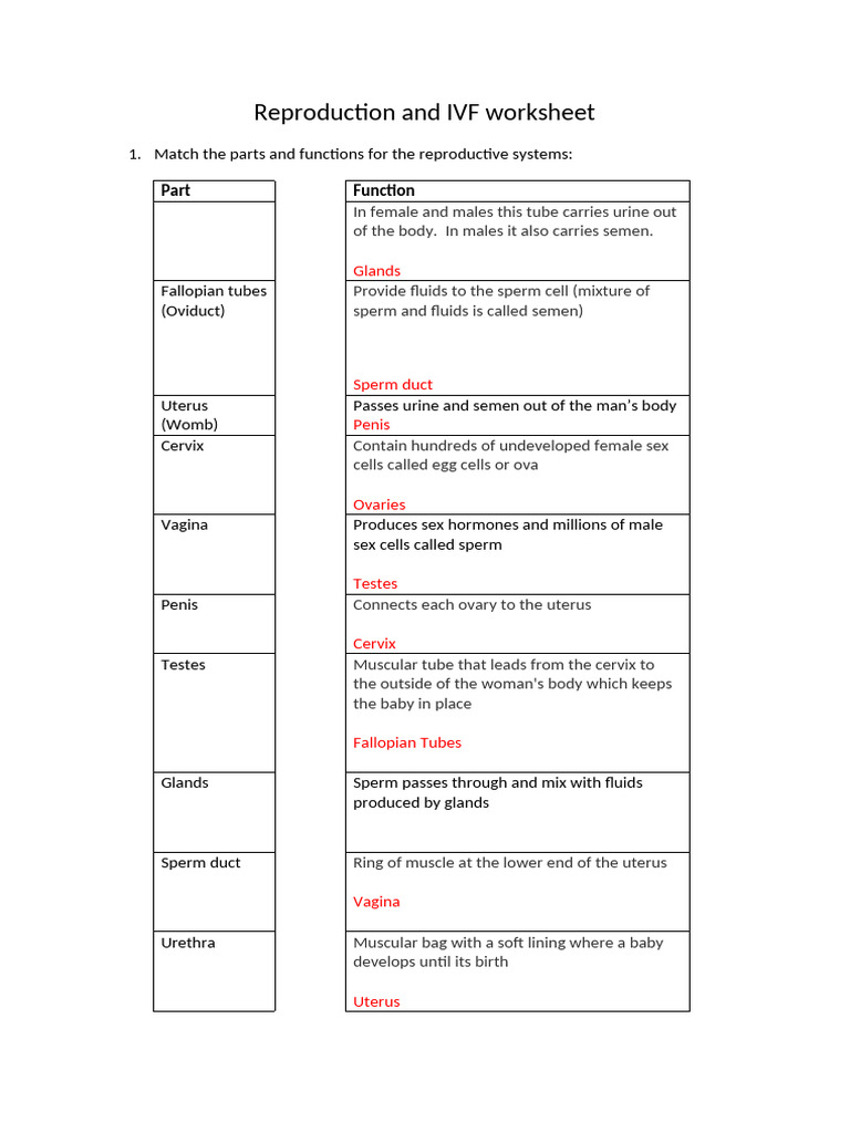 Reproduction and IVF Worksheet | PDF