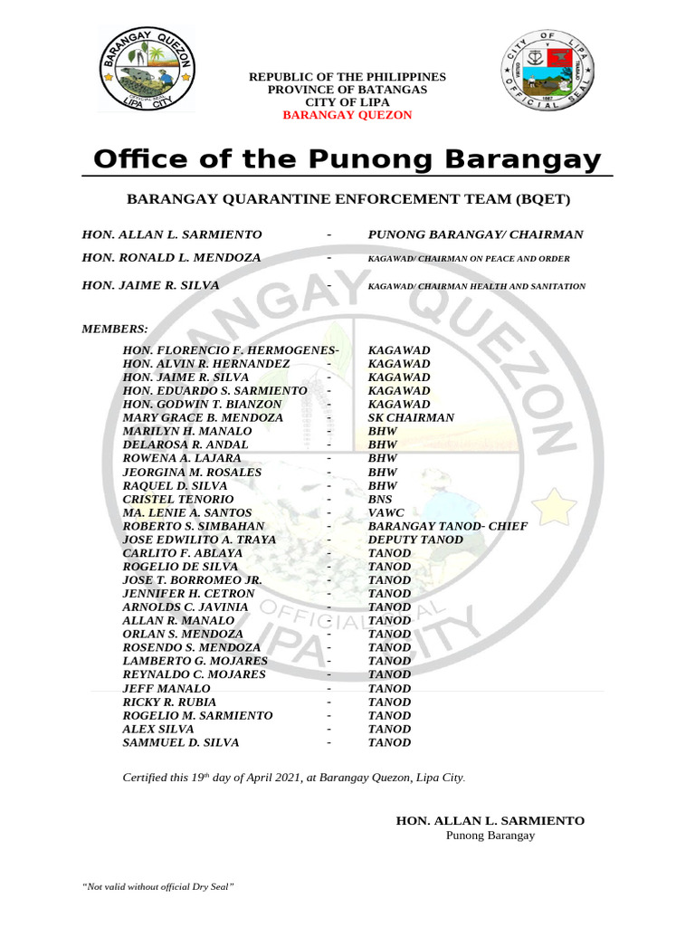 Barangay Quarantine Team | PDF