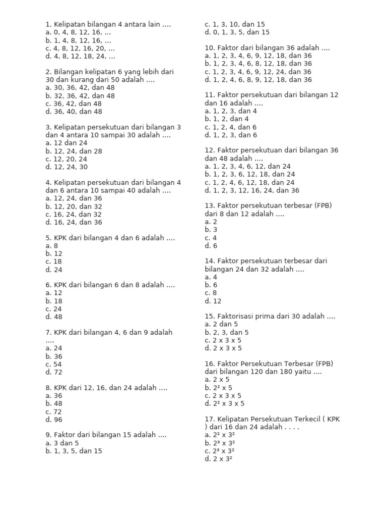 Soal KPK Dan FPB Kelas 5 Kurikulum Merdeka | PDF