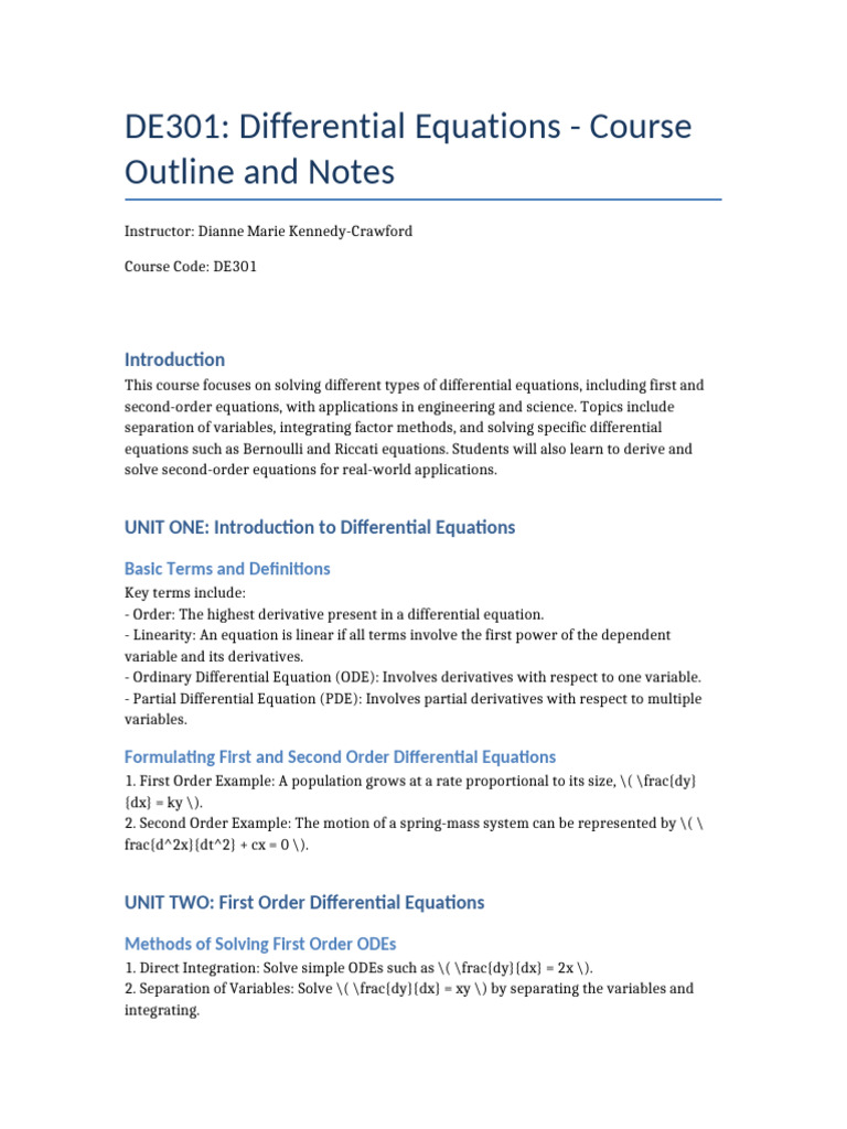 DE301 Differential Equations Course Outline and Notes | PDF
