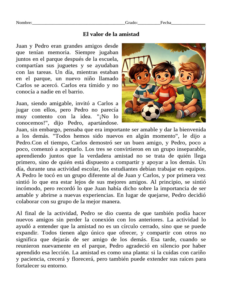 Lectura Reflexiva para Séptimo Año de Básica - El Valor de La Amistad | PDF