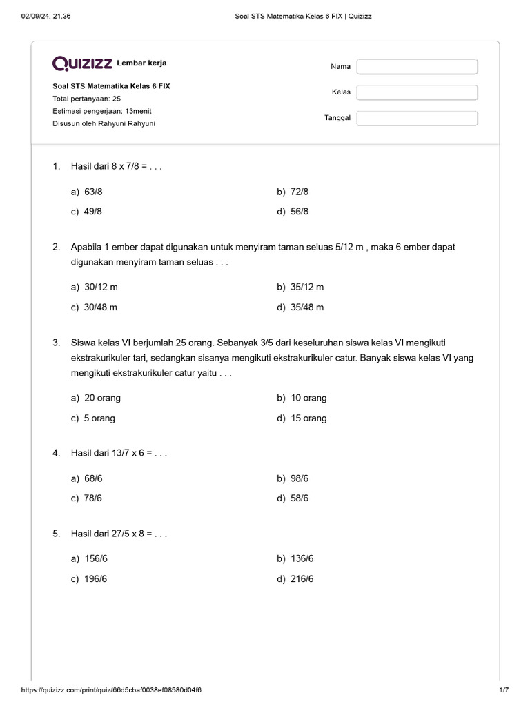 Soal STS Matematika Kelas 6 FIX - Quizizz | PDF