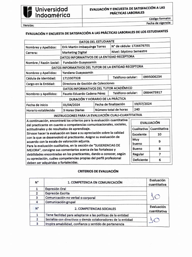 Evaluación Del Tutor Empresarial Martin Imbaquinga | PDF