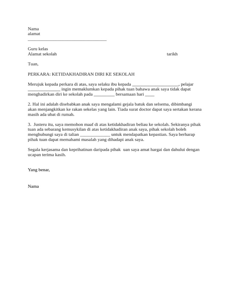 Surat Cuti Sekolah Template | PDF