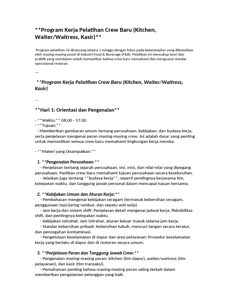 Program Kerja Pelatihan Crew Baru | PDF