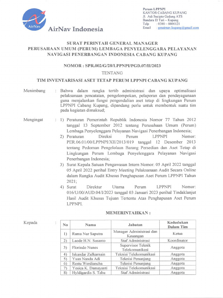 Sprint Tim Inventarisasi Aset Tetap Perum Lppnpi Cabang Kupang | PDF
