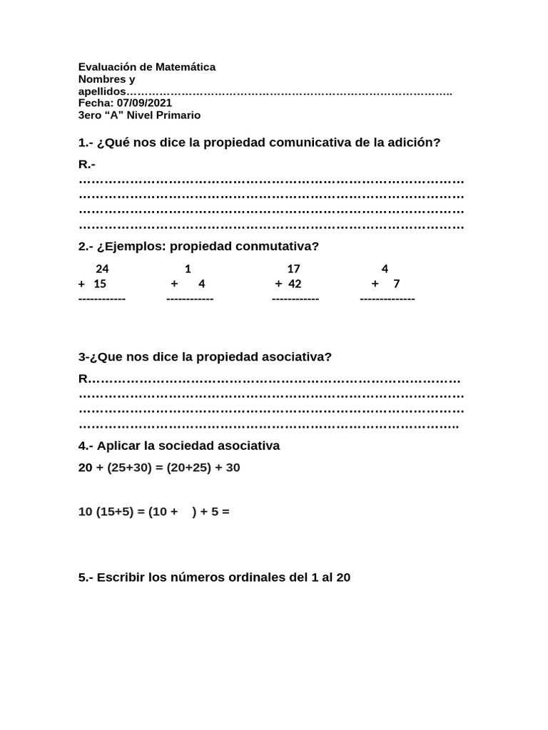 Evaluacion de Matematica Del 3ero | PDF