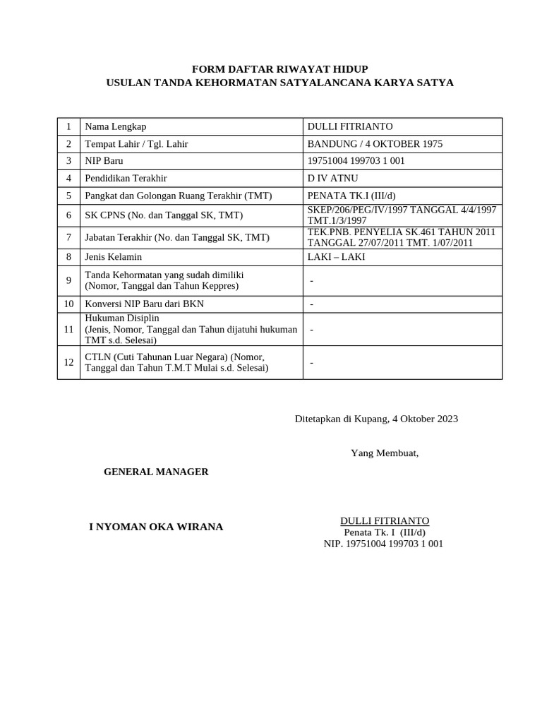 Daftar Riwayat Hidup (DRH) Usulan Tanda Kehormatan Satyalancana Karya ...