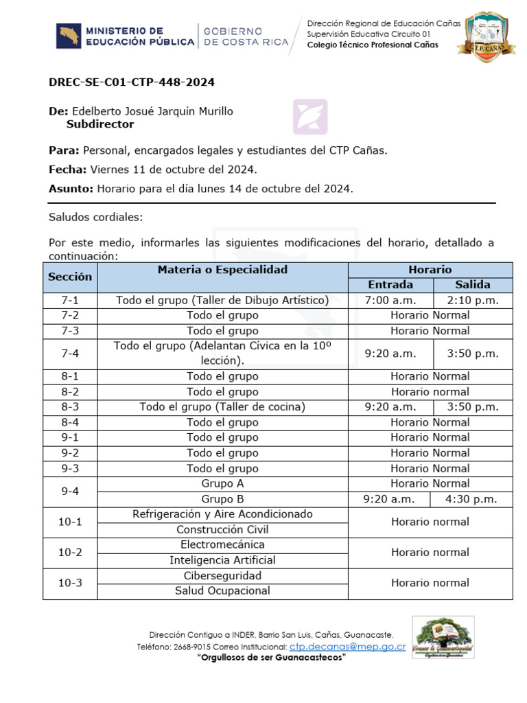 Circular DREC-SE-C01-CTP-448-2024 Horario Del LUNES 14 de Octubre | PDF | Informática