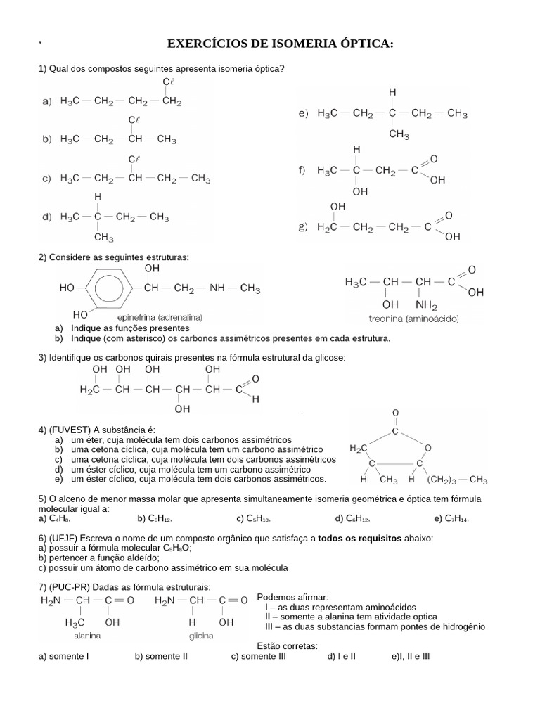 Exercícios de Isomeria Óptica | PDF