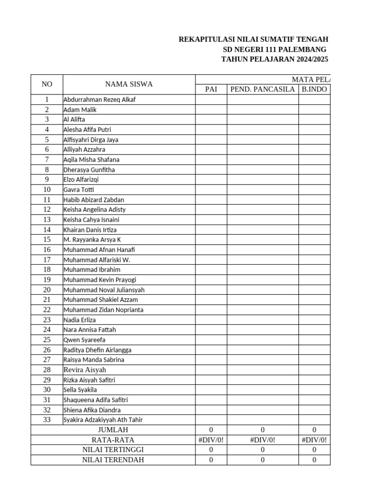 Rekapitulasi Nilai STS Sem.i | PDF