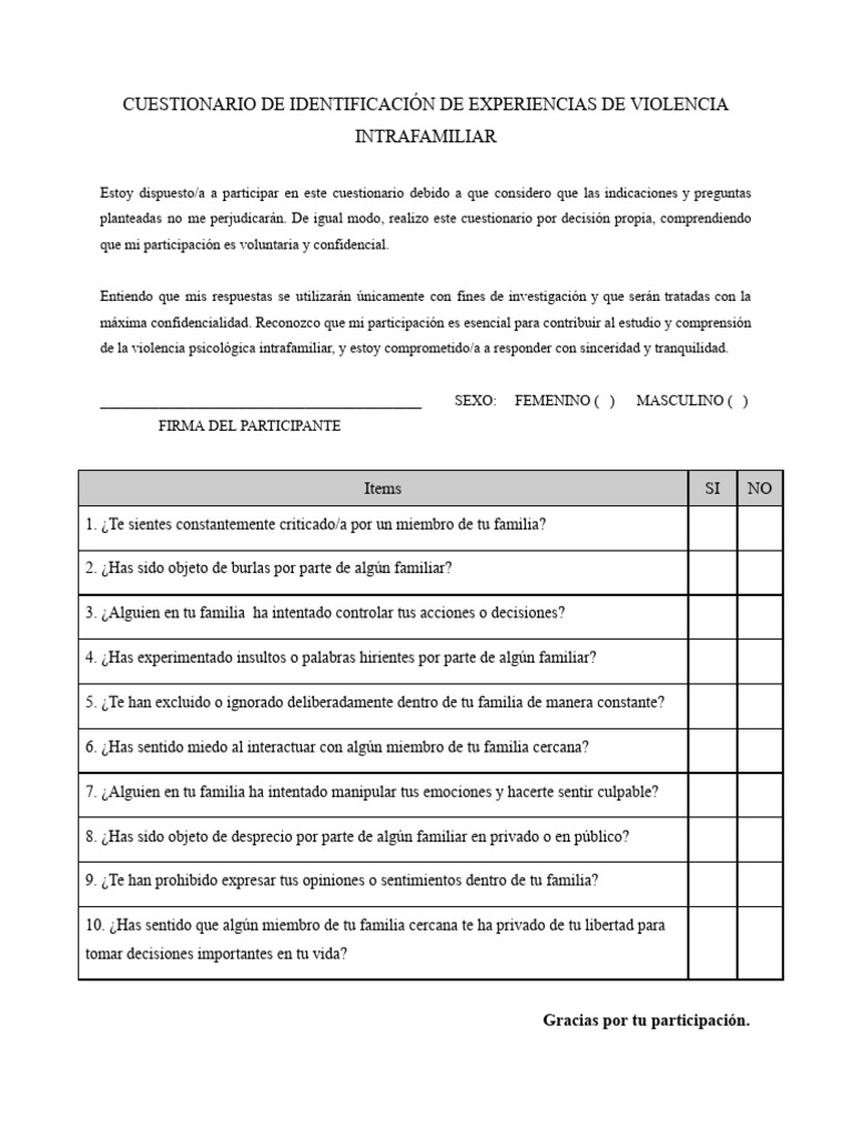 Cuestionario de Violencia Familiar | PDF | Las emociones | Conceptos psicologicos